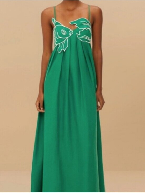 FARM Rio | Dresses | Farm Rio Green Maxi Dress With White Fish Appliqu ...